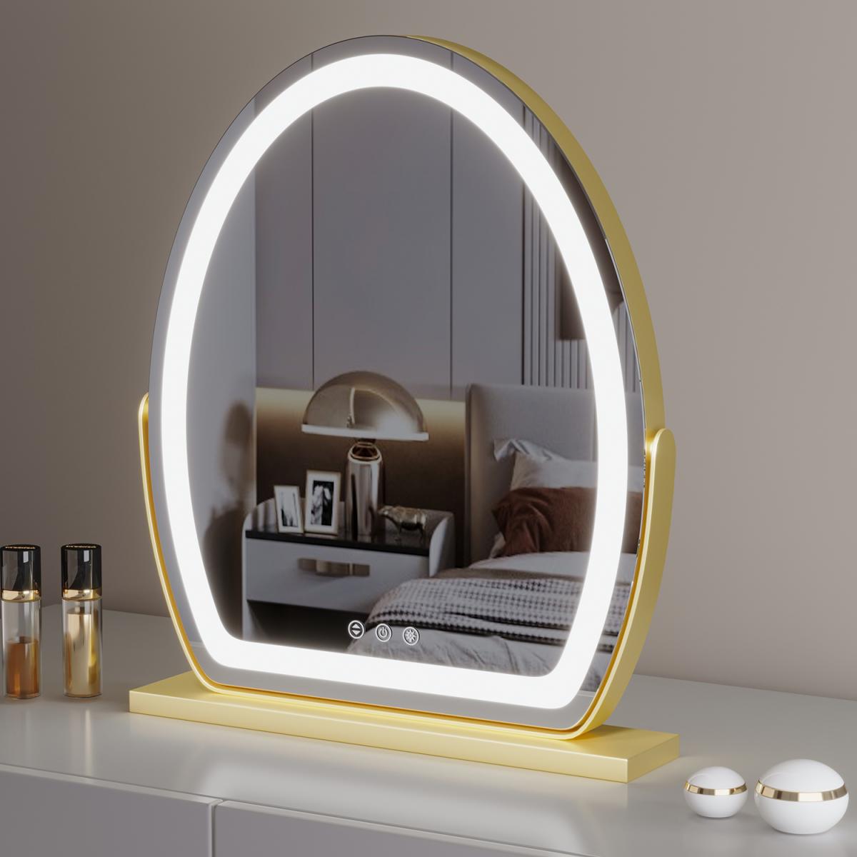 FREYARA 50*58cm Large Oval Vanity Mirror with LED Strip, 360 Rotation ...
